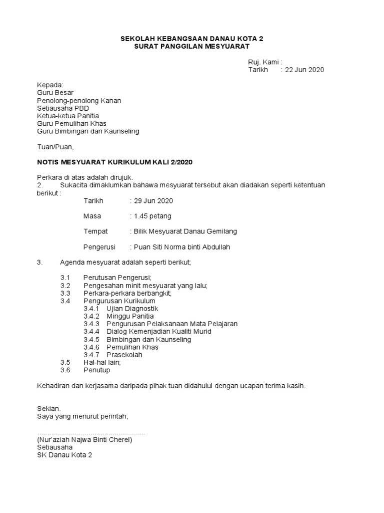 Surat Panggilan Mesyuarat Kurikulum Kali 2 2020 Spsk Pdf