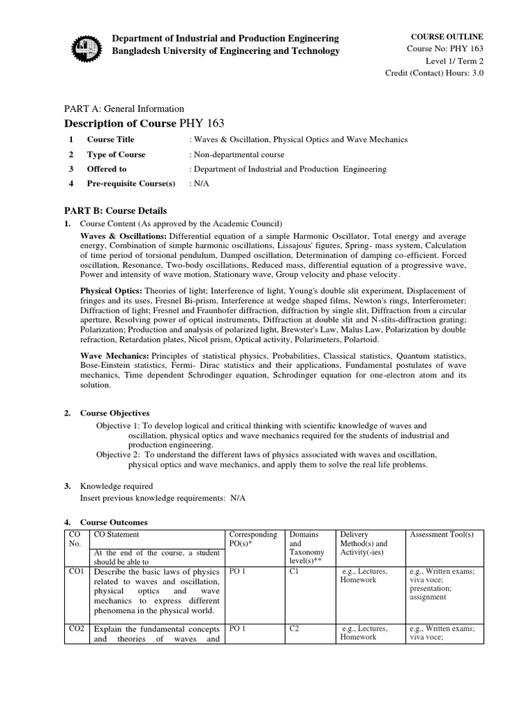 Course - Outline - PHY 163 - IPE L1T2 | PDF | Diffraction | Waves