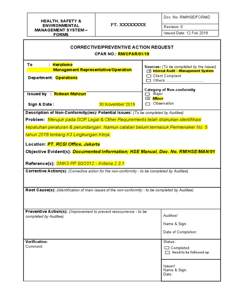 Contoh Isian CPAR Oleh Auditor | PDF | Audit | Business Process
