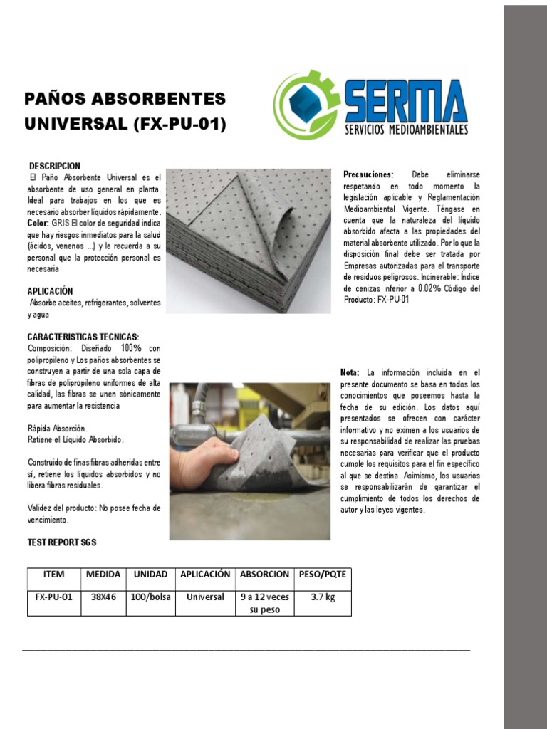 PAÑO ABSORBENTE UNIVERSAL | PDF | Absorción (Química) | Materiales