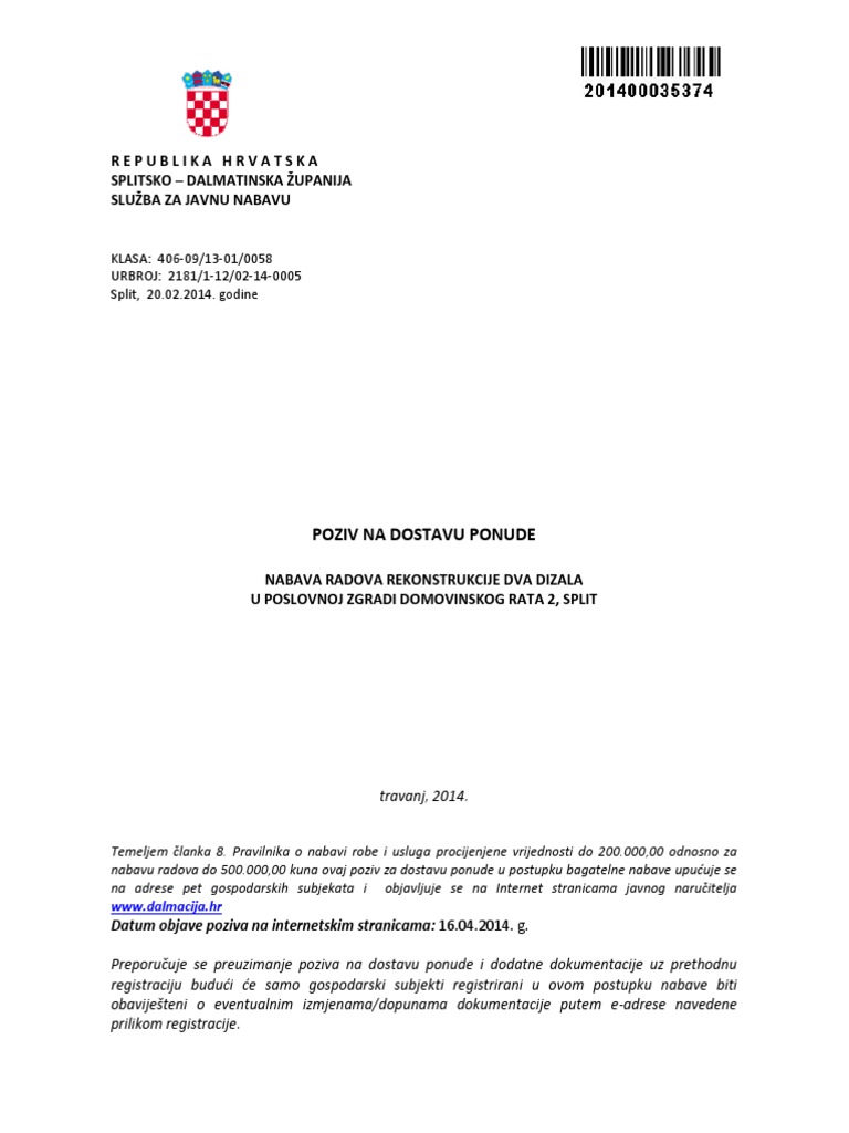 Rekonstrukcija Dizala Poziv Na Dostavu Ponude | PDF