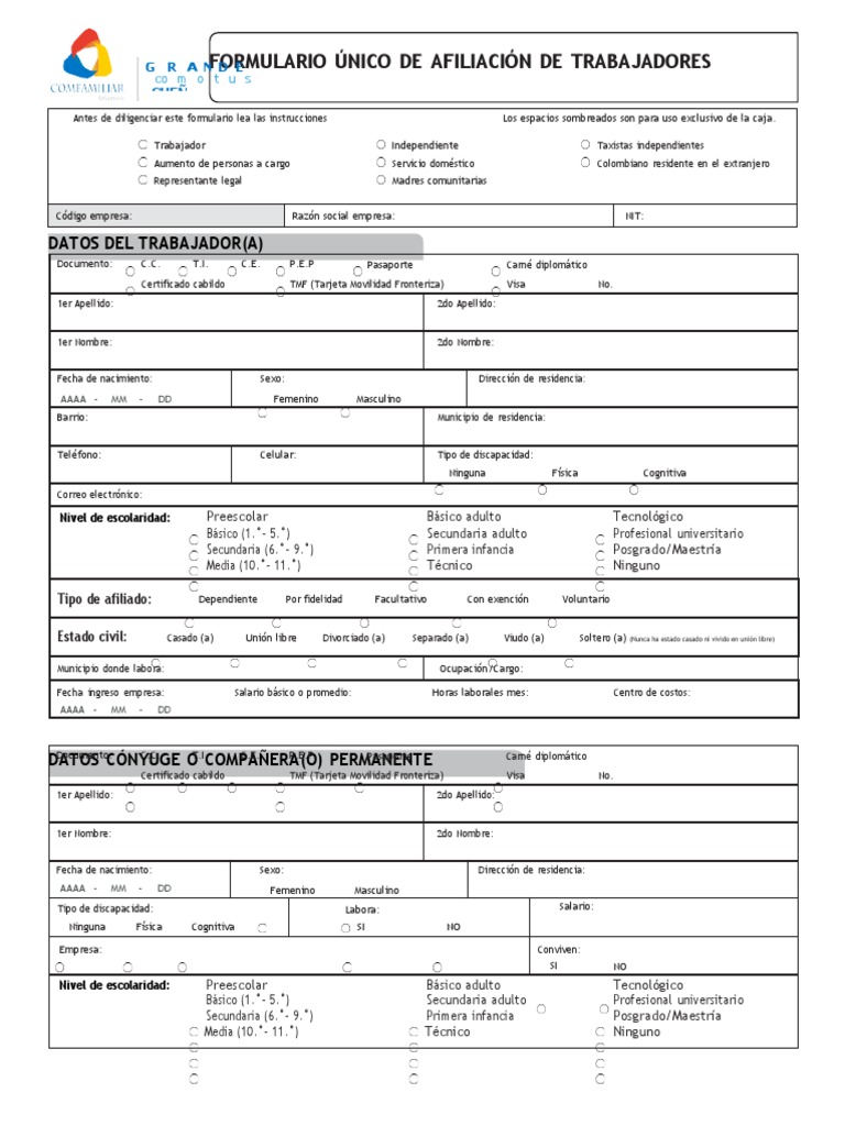 Formato Afiliación Trabajador Comfamiliar | PDF