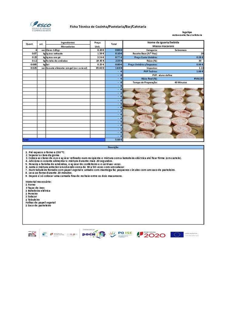 Ficha Técnica (Massa Macarons) | PDF | Alimentos | Ingredientes de ...