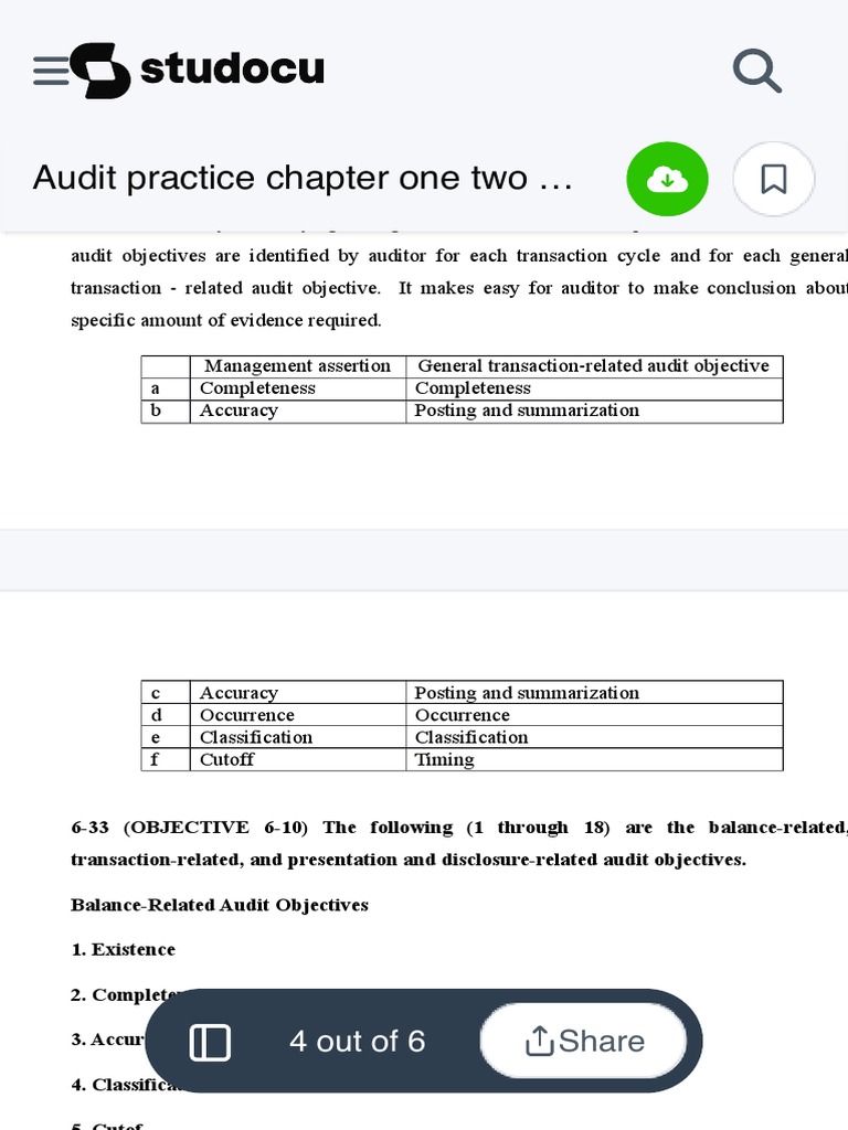 Audit Practice Chapter One Two Three - 6-30 (OBJECTIVE 6-8) The Following Are Various Management ...