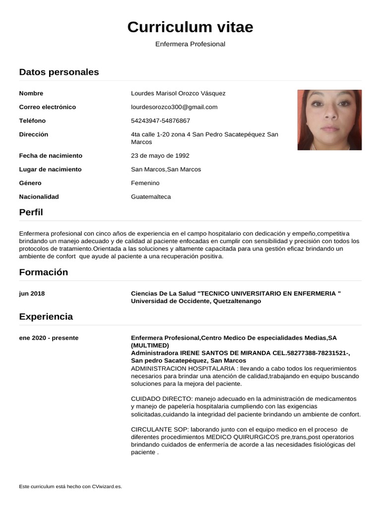 CV Lourdes Marisol Orozco Vásquez | PDF | Enfermería | Hospital