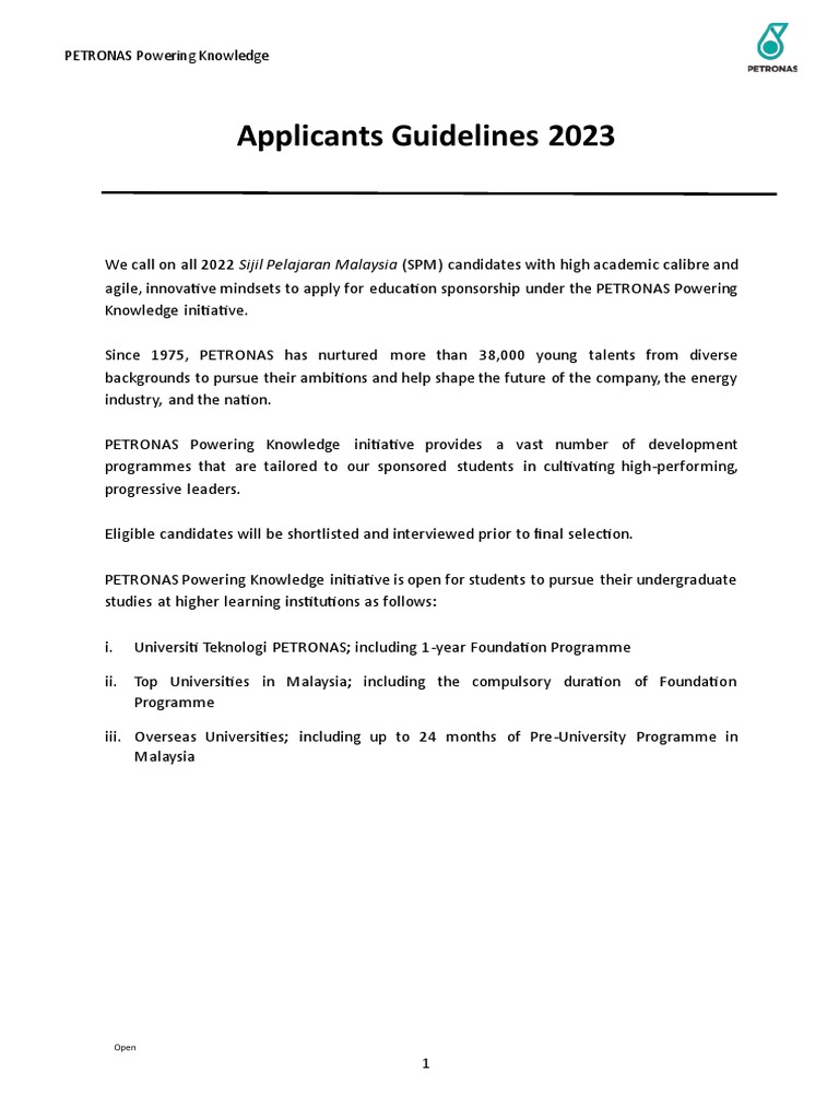 Guideline For PETRONAS Powering Knowledge Applicants 2023 | PDF