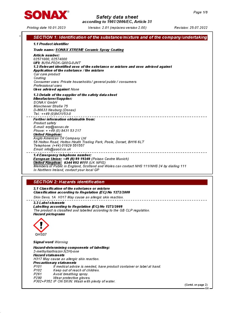 SONAX XTREME Ceramic Spray Coating SDS | PDF | Toxicity | Dangerous Goods
