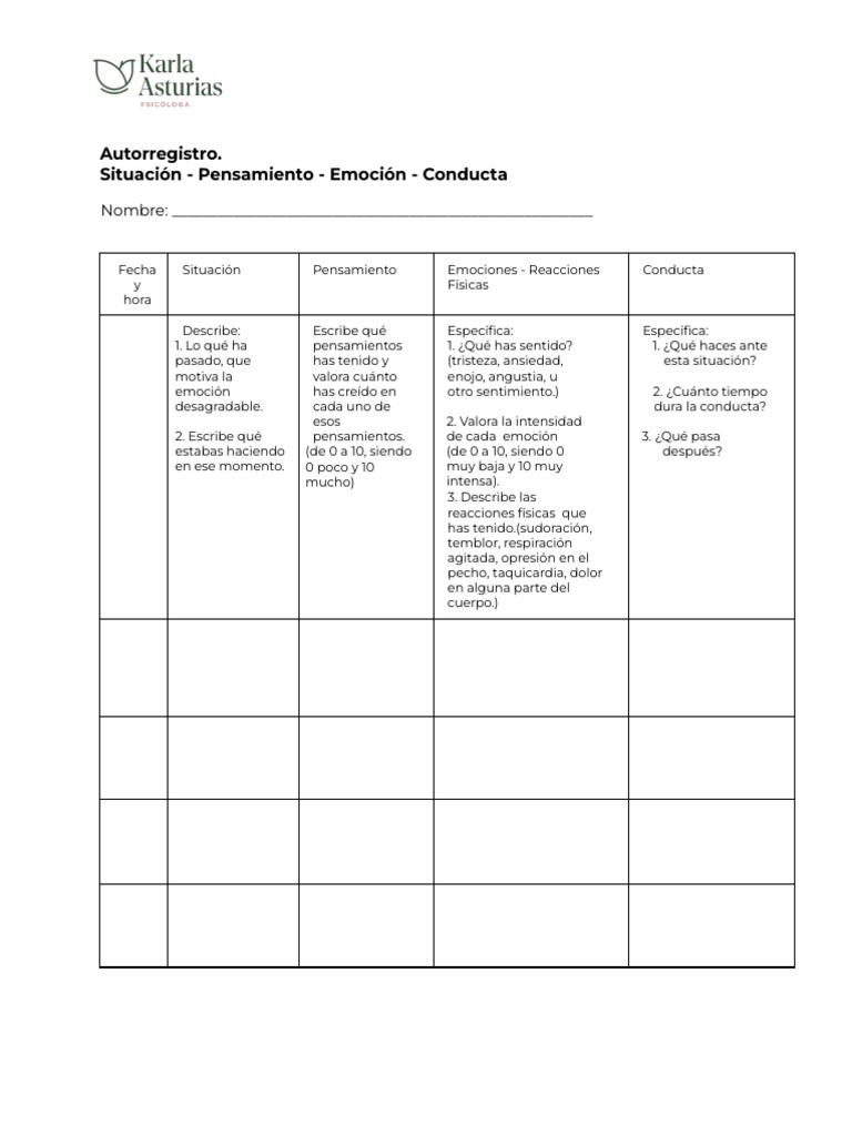 Autorregistro De Situacion Pensamiento Emocion Conducta Pdf