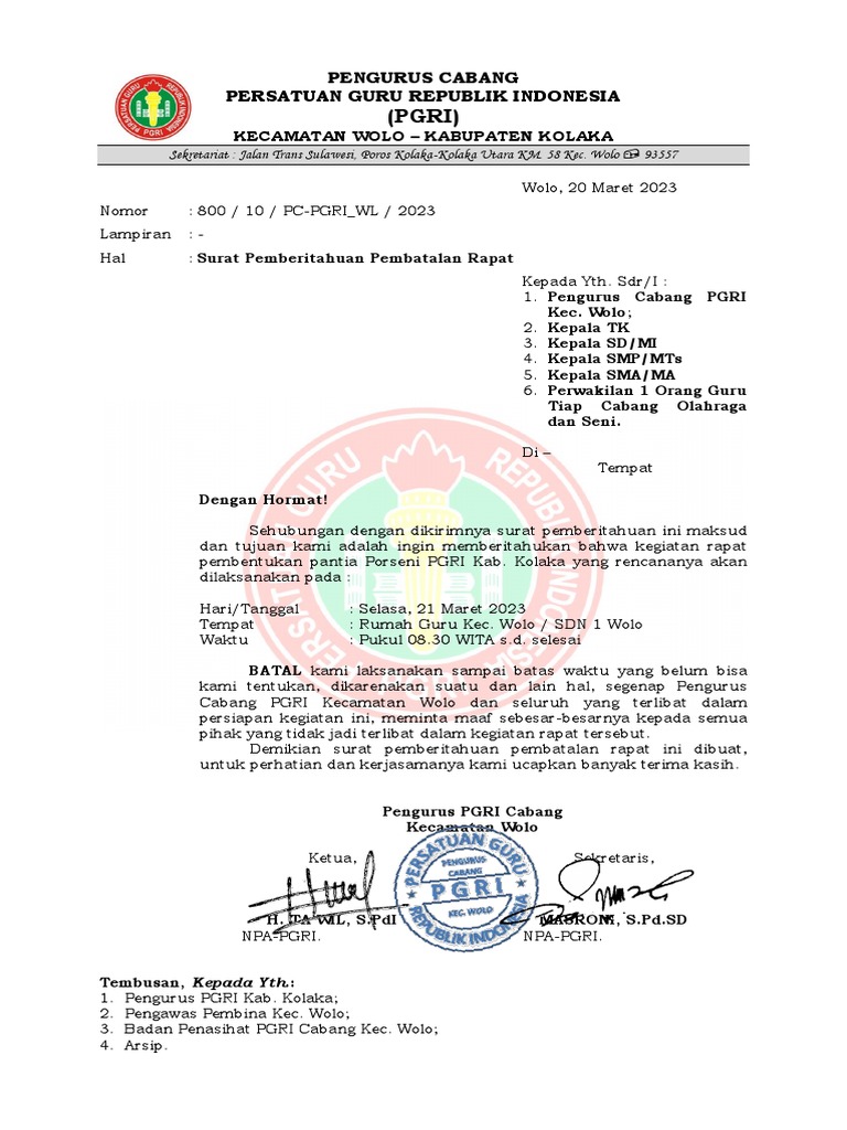 Surat Pembatalan Rapat Pembentukan Panitia | PDF