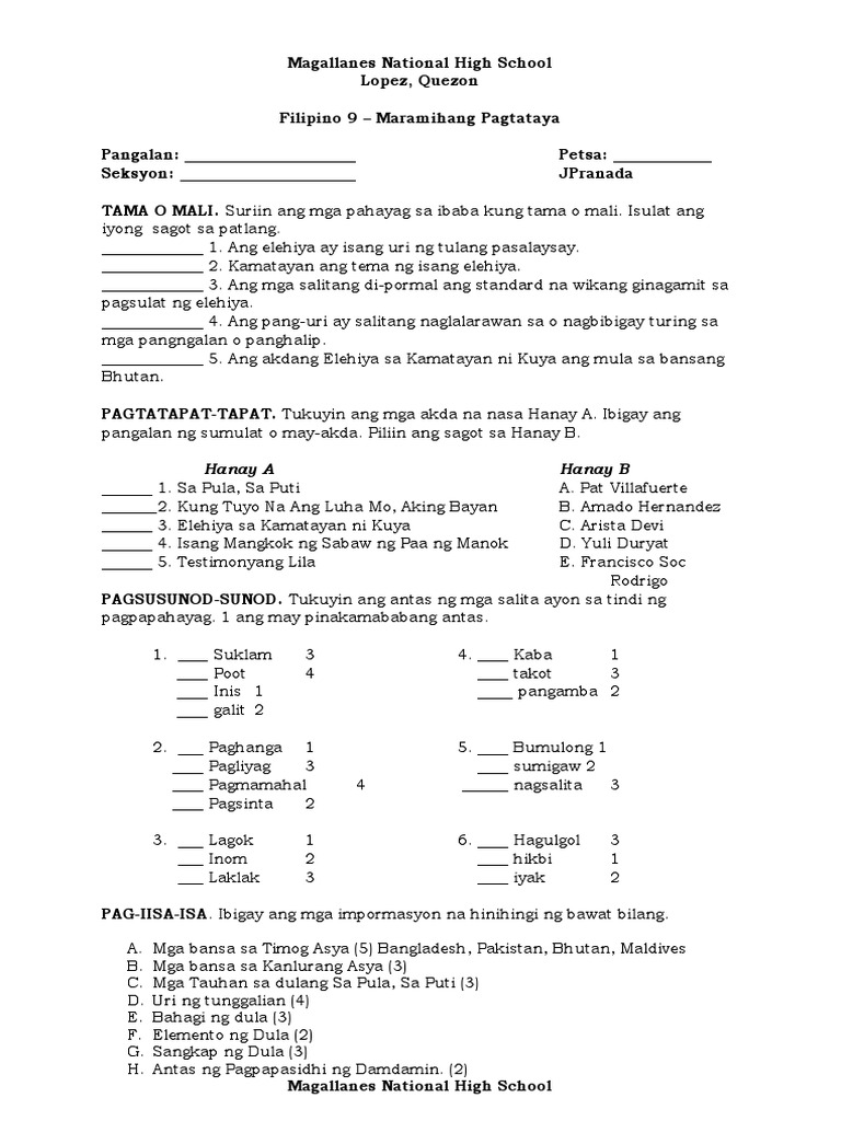 3rd Quarter Exam Filipino 9 | PDF 3rd Quarter Exam Filipino 9 | PDF