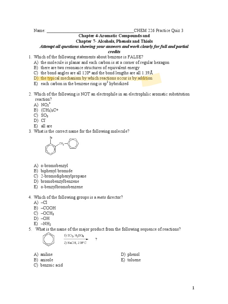 Quiz 3-Practice questions (1) نسخة | PDF | Benzene | Aromaticity