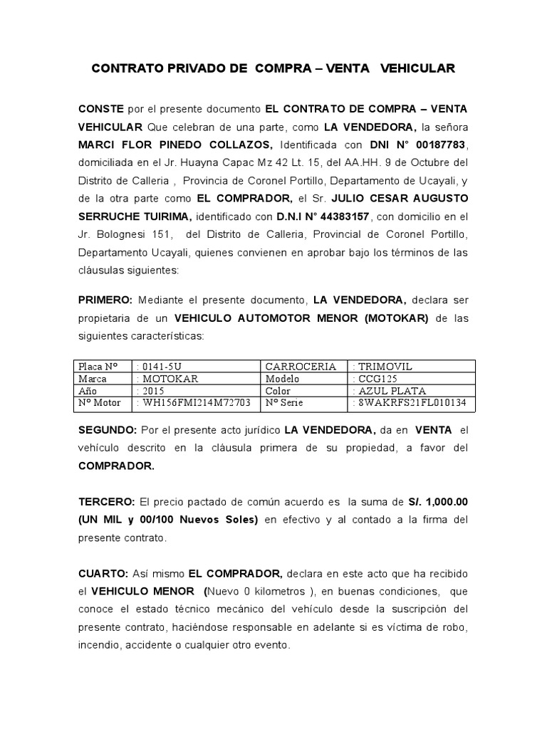 Contrato Privado de Compra - Venta Vehicular | PDF | Derecho civil (sistema legal) | Derecho privado