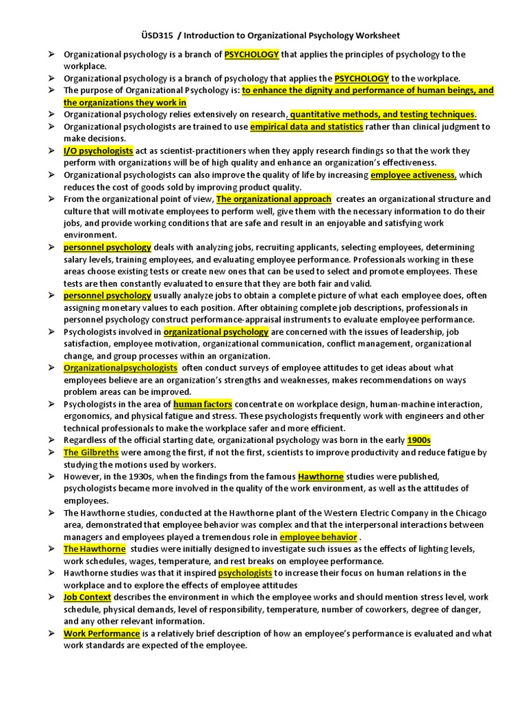 Introduction To Org. Psychology Worksheet | PDF