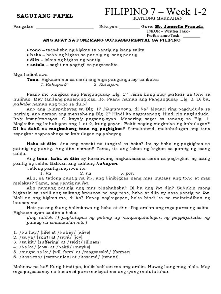 SAGUTANG PAPEL SA FILIPINO 7 - q3 - w1-2 | PDF