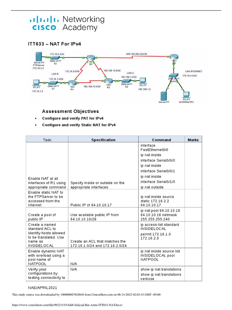 Configuring NAT for IPv4 in ITT633 | PDF | Ip Address | Computer Engineering