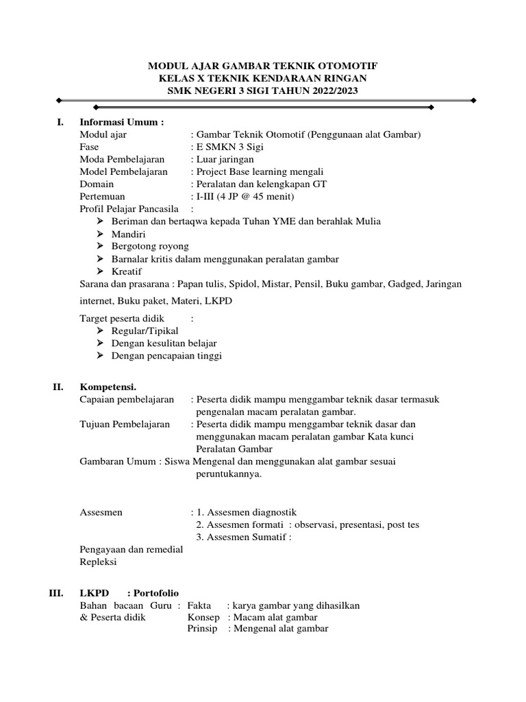 Modul Ajar Gambar Teknik Otomotif | PDF