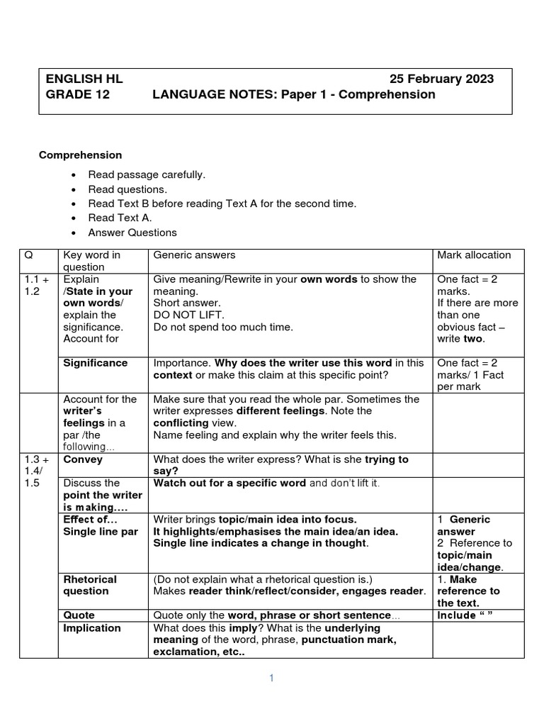 Paper 1 Comprehension Prep Notes | PDF | Reading Comprehension | Argument