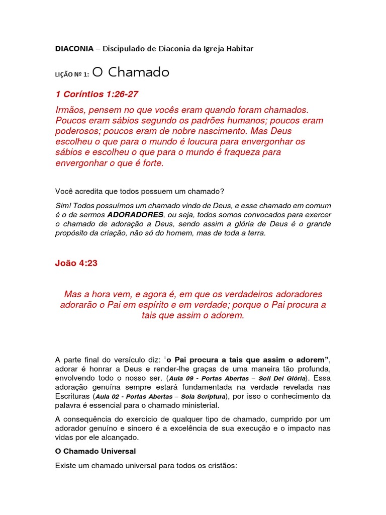 Aula 01 - Discipulado Diaconia - O Chamado - 28-08-2020 | PDF