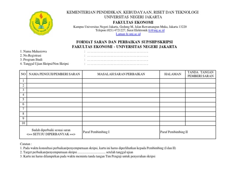 Form Saran Dan Perbaikan SUPSHP Skripsi - 2022 | PDF
