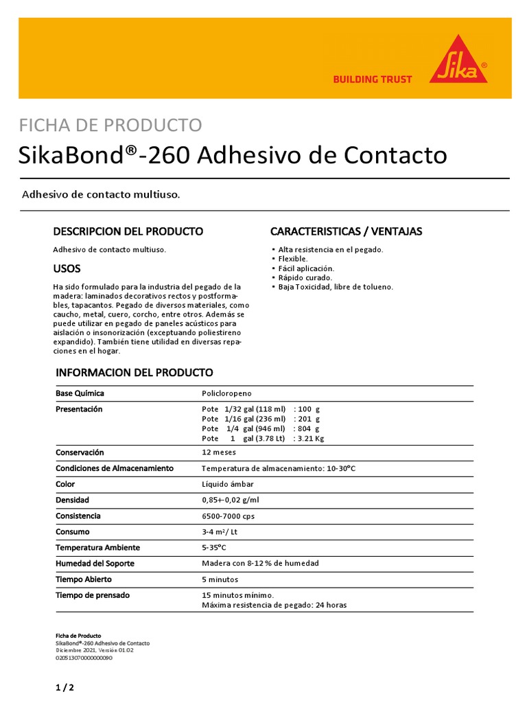 Sikabond 260 Contactadhesive | PDF | Adhesivo | Química