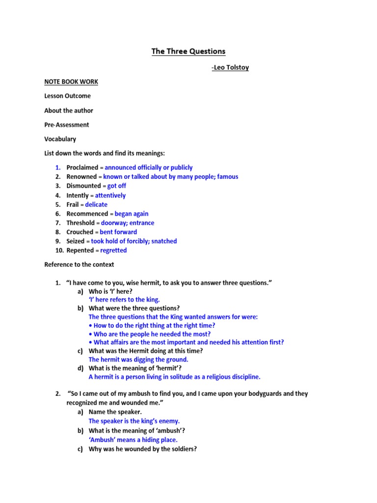 Note Book Work - The Three Questions | PDF