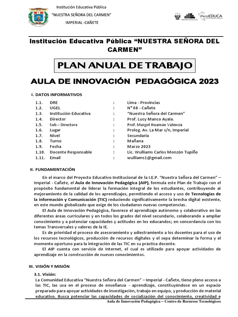 Plan Anual de Trabajo Aip NSC 2023 | PDF | Tecnología de información y comunicaciones | Salón de ...