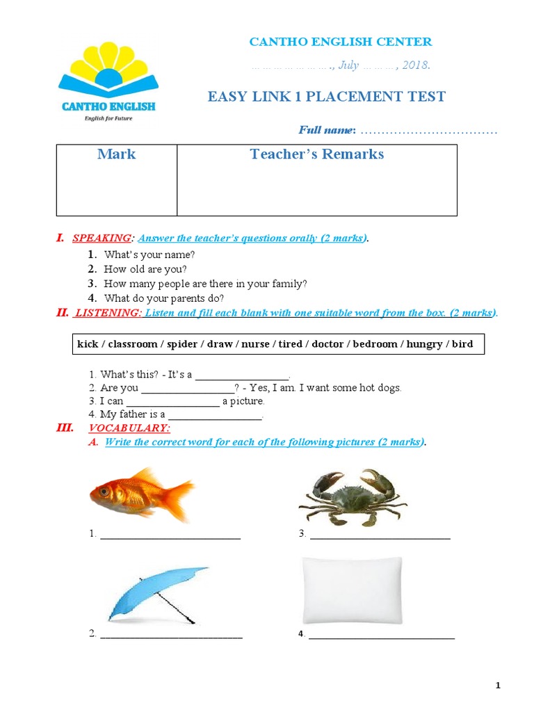 Easy Link 1 Placement Test Guide | PDF