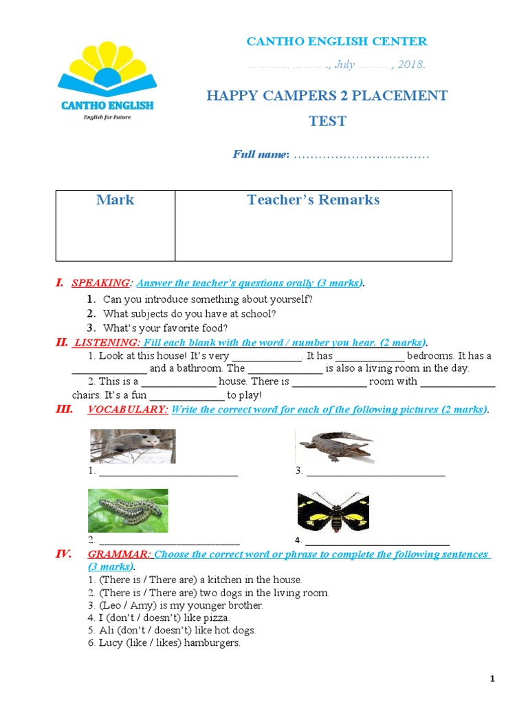 Happy Campers 2 Placement Test | PDF