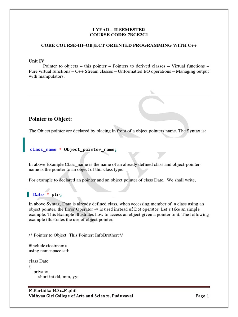 Object Oriented Programming With C Pdf Pointer Computer