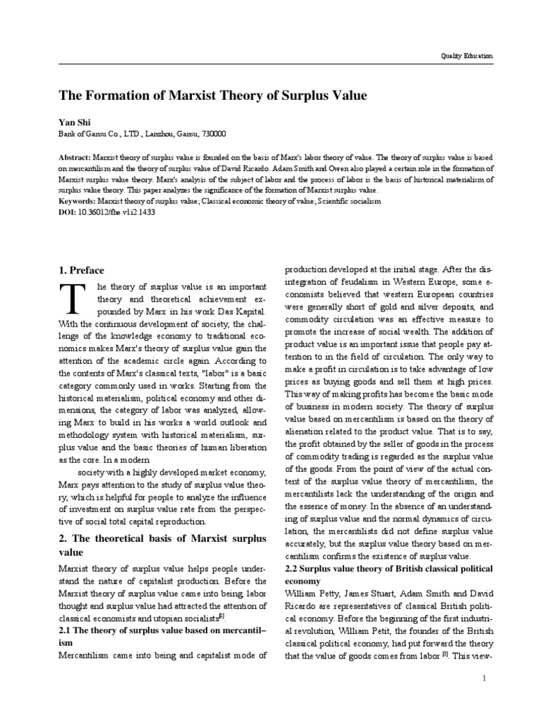 The Formation of Marxist Theory of Surplus Value | PDF | Value ...