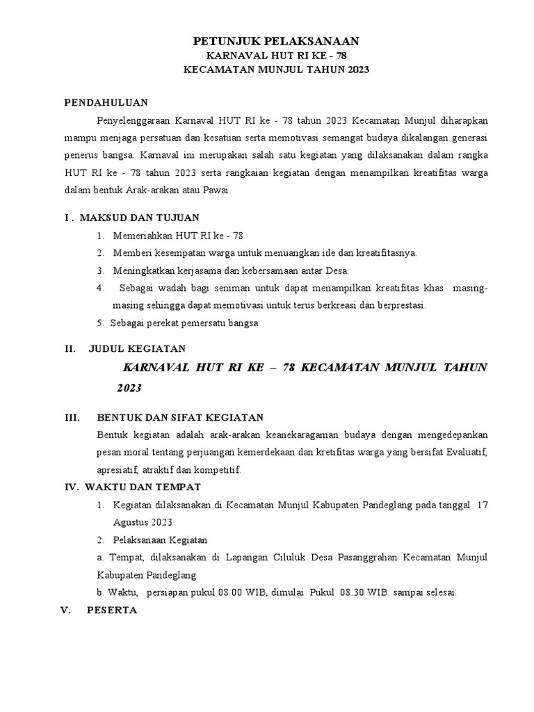 JUKLAK, JUKNIS, RAB Dan KEPANITIAAN BIDANG KARNAVAL PADA ACARA PHBN 2023 KEC. MUNJUL | PDF
