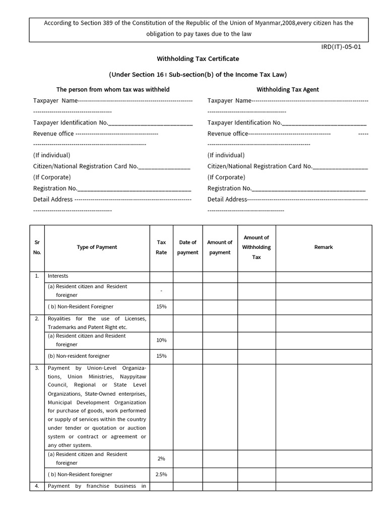 Myanmar Withholding Tax Certificate IT-05 | PDF | Taxpayer | Taxes