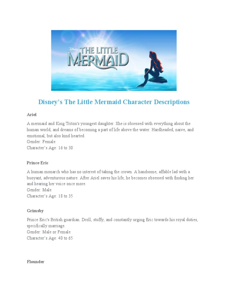 Disneys The Little Mermaid Character Descriptions | PDF