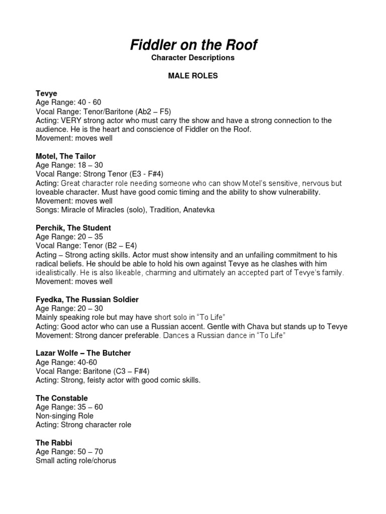 Fiddler on the Roof Character Descriptions | PDF | Music Performance ...