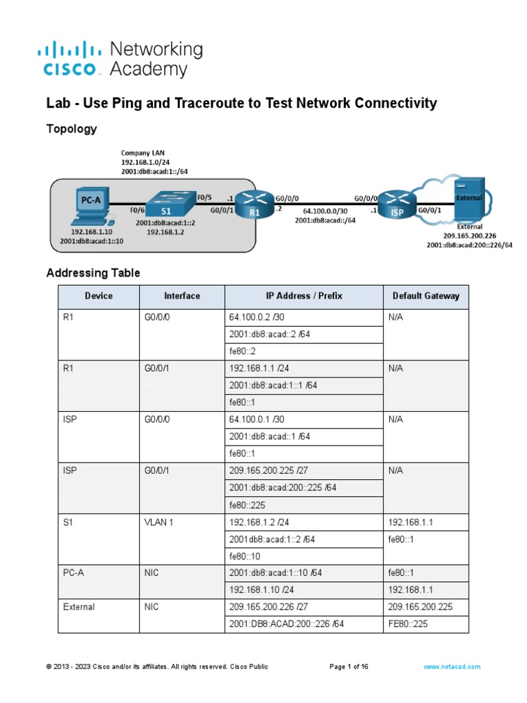 13.3.2 Lab - Use Ping and Traceroute To Test Network Connectivity | PDF