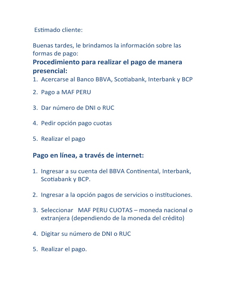 Opciones de Pago y Contacto MAF Perú | PDF