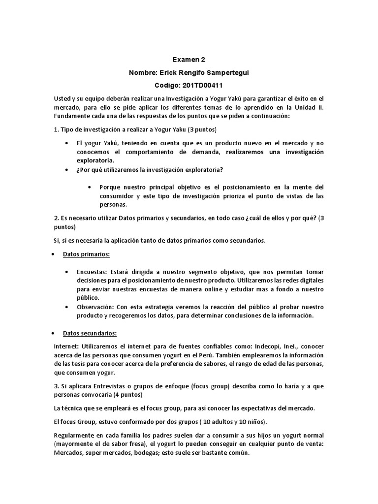 Examen 2 Inv - MKT Desarrollado | PDF | Yogur | Metodología de encuesta