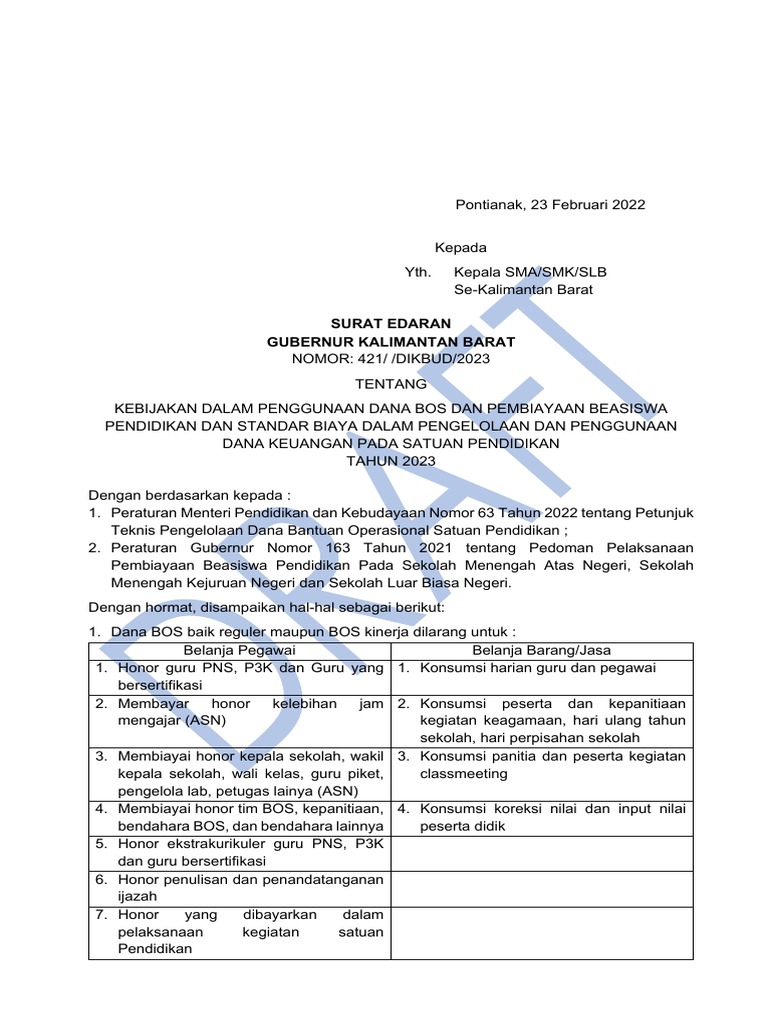 DRAFT SE GUBERNUR TTG BOS Dan PBP TH 2023 | PDF