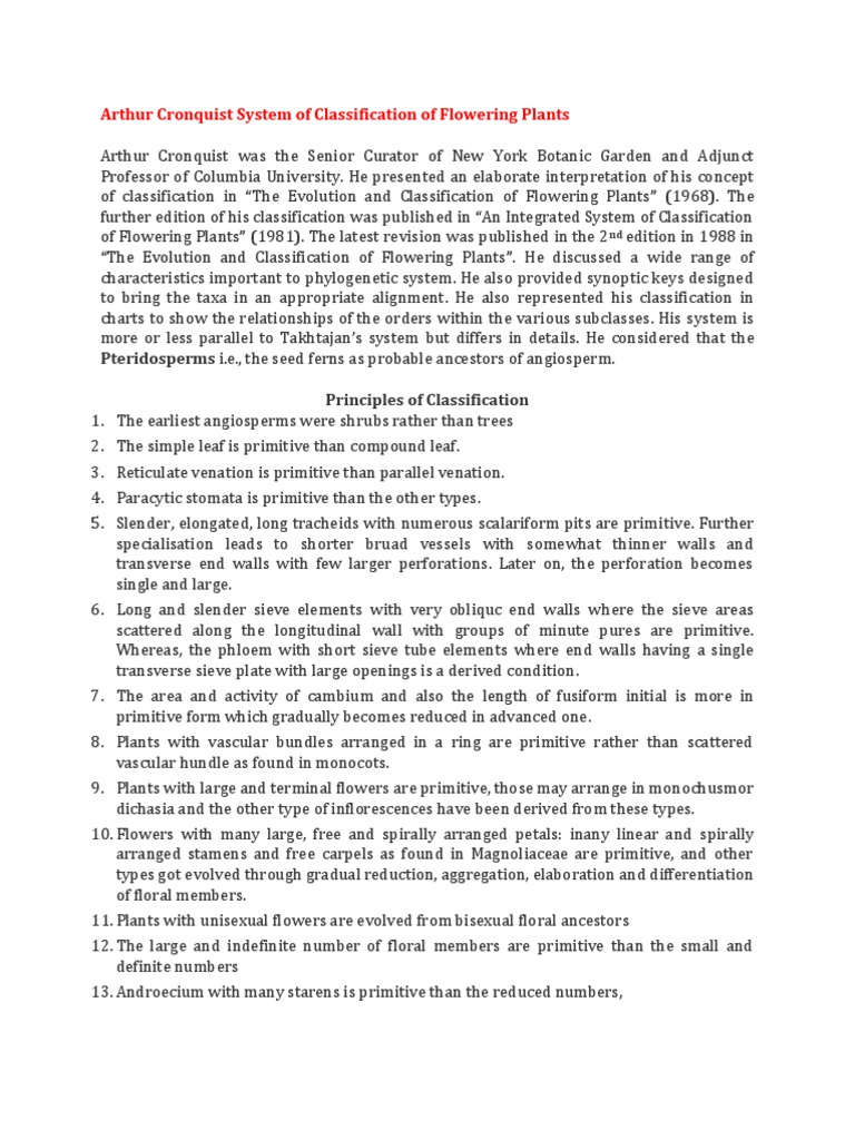 Arthur Cronquist System of Classification of Flowering Plants | PDF