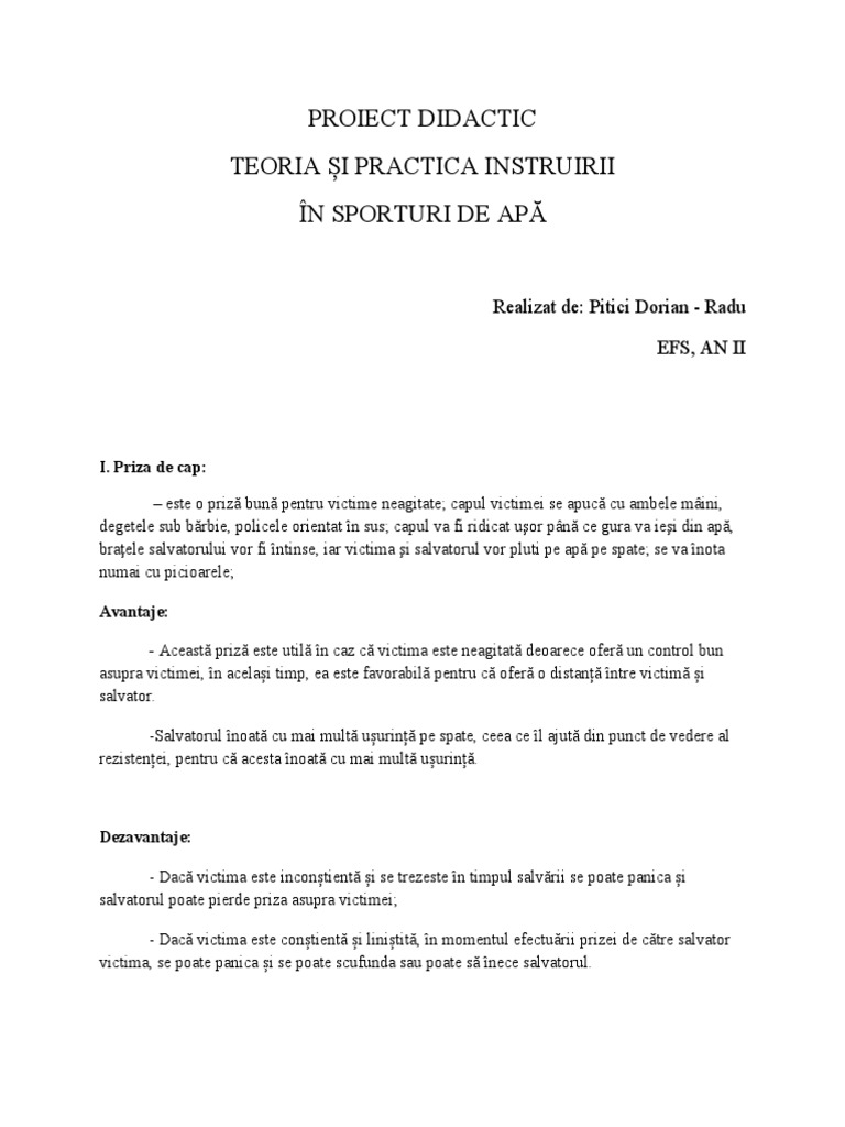 Proiect didactic teoria și practica instruirii în sporturi de apă (1) | PDF
