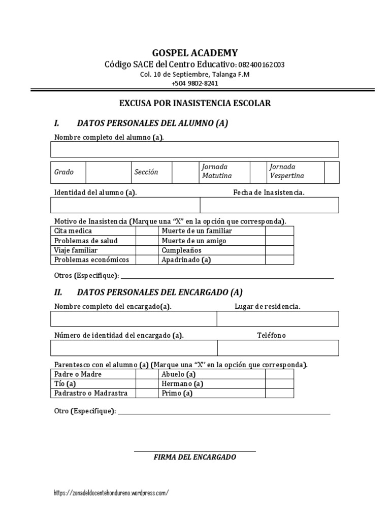 Formulario Excusa Inasistencia Escolar | PDF