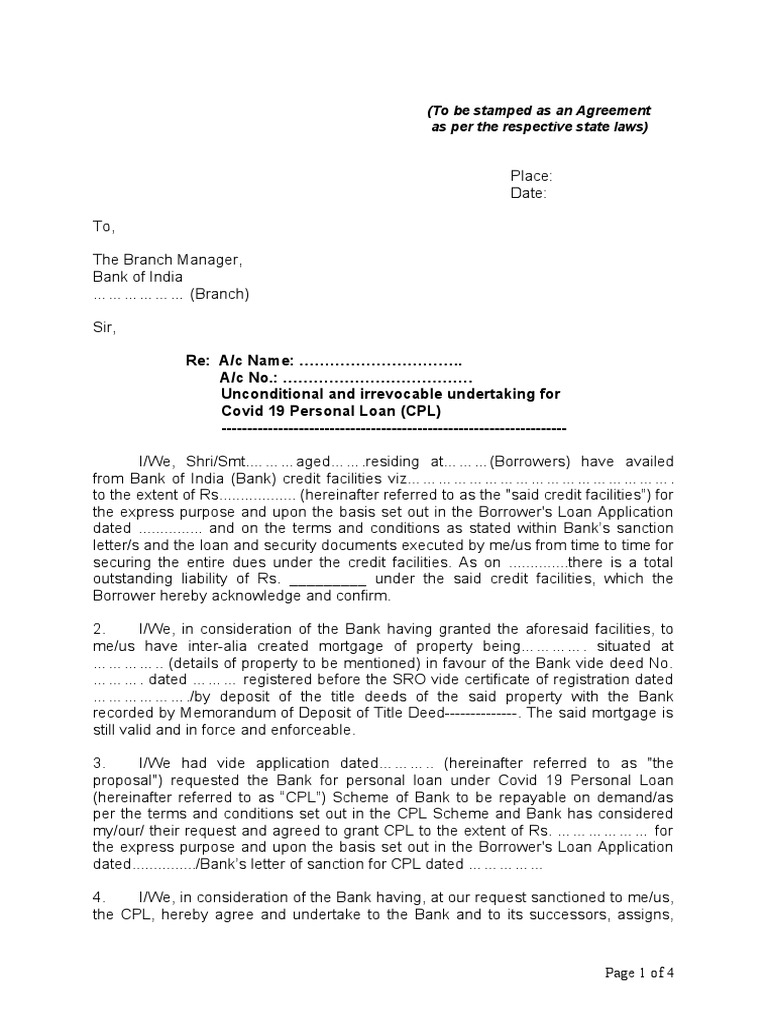 Undertaking - COVID Personal Loan CPL | PDF | Indemnity | Loans