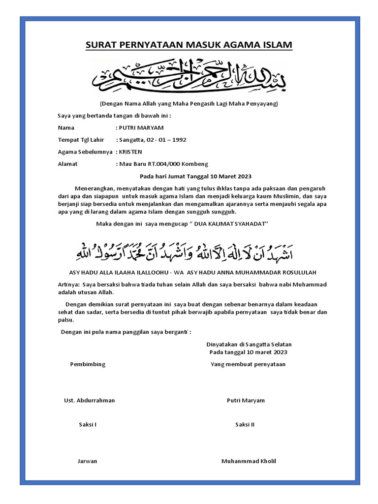 SURAT PERNYATAAN MASUK AGAMA ISLAM | PDF