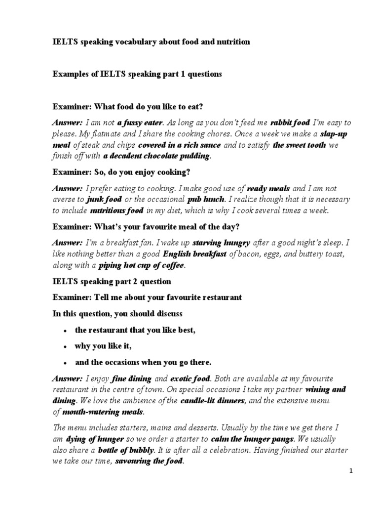 IELTS Speaking Vocabulary About Food and Nutrition | PDF | Meal | Foods