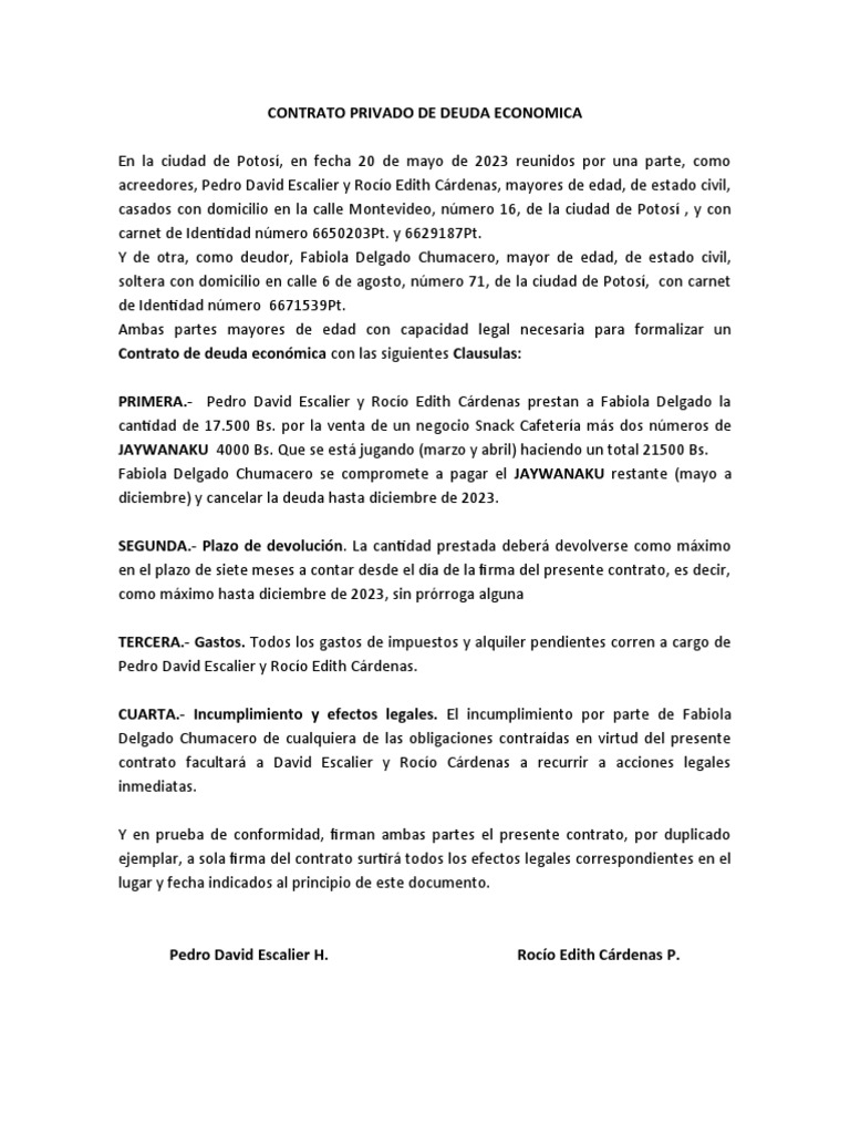 CONTRATO PRIVADO DE DEUDA ECONOMICA | PDF