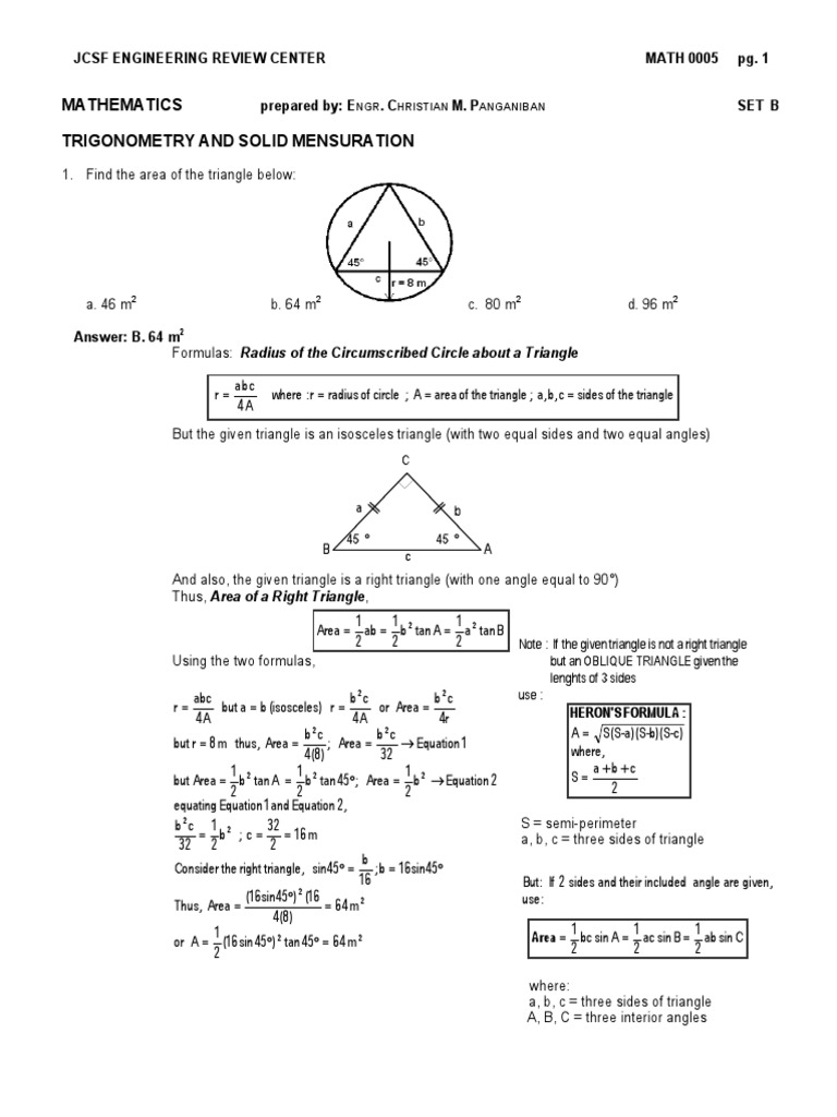 JCSF - Mathematics - Trigonometry & Solid Mensuration With Solutions | PDF | Area | Triangle