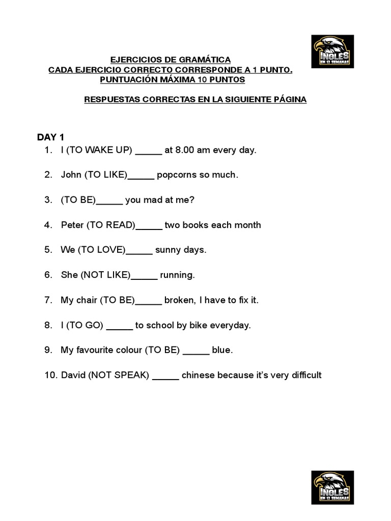 Ejercicios Gramática Dia 1 | PDF