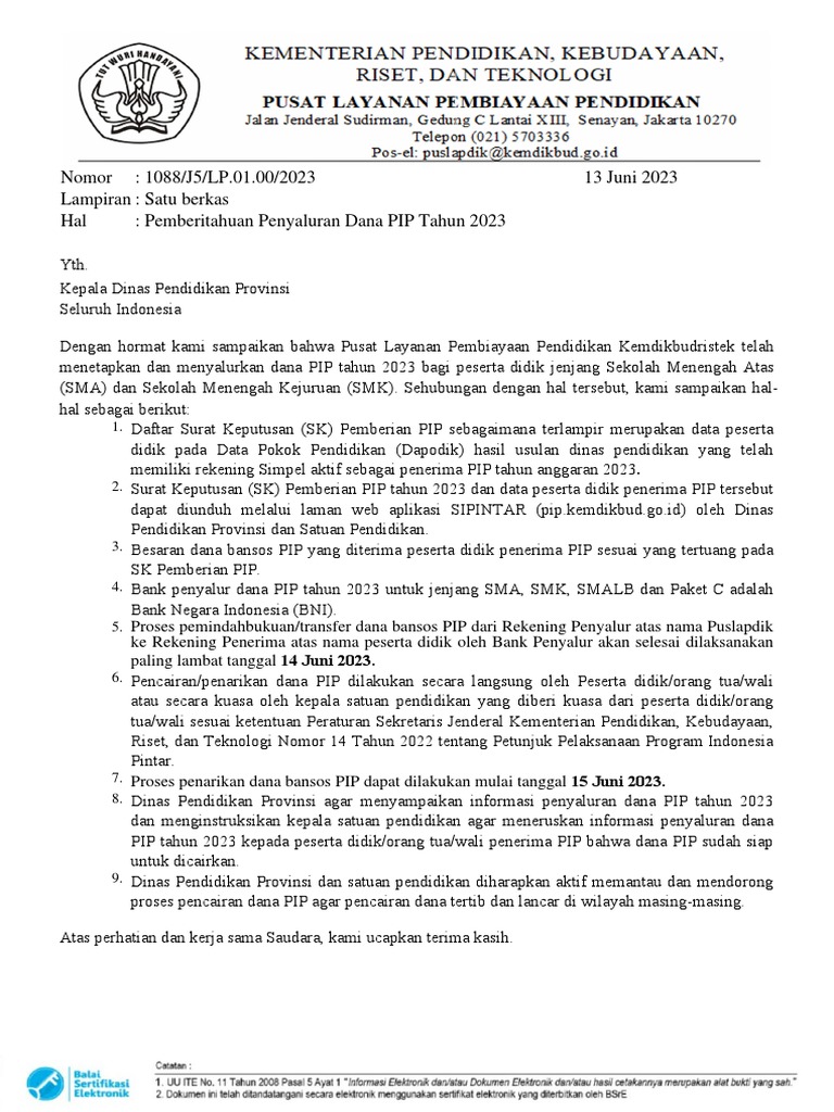 Pemberitahuan Penyaluran Dana PIP 2023 Usulan Dinas Dikmen | PDF