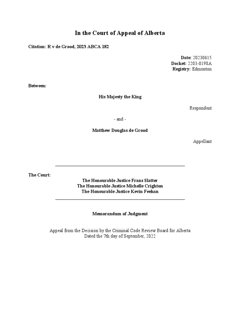 Alberta Court Ruling on de Grood Appeal | PDF | Psychiatry | Evidence (Law)