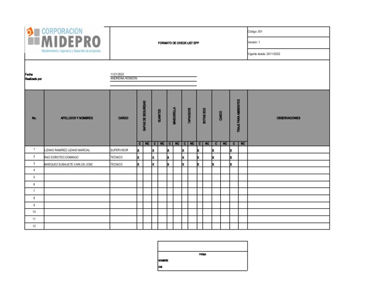 Formato Lista de Chequeo para EPP MIDEPRO | PDF